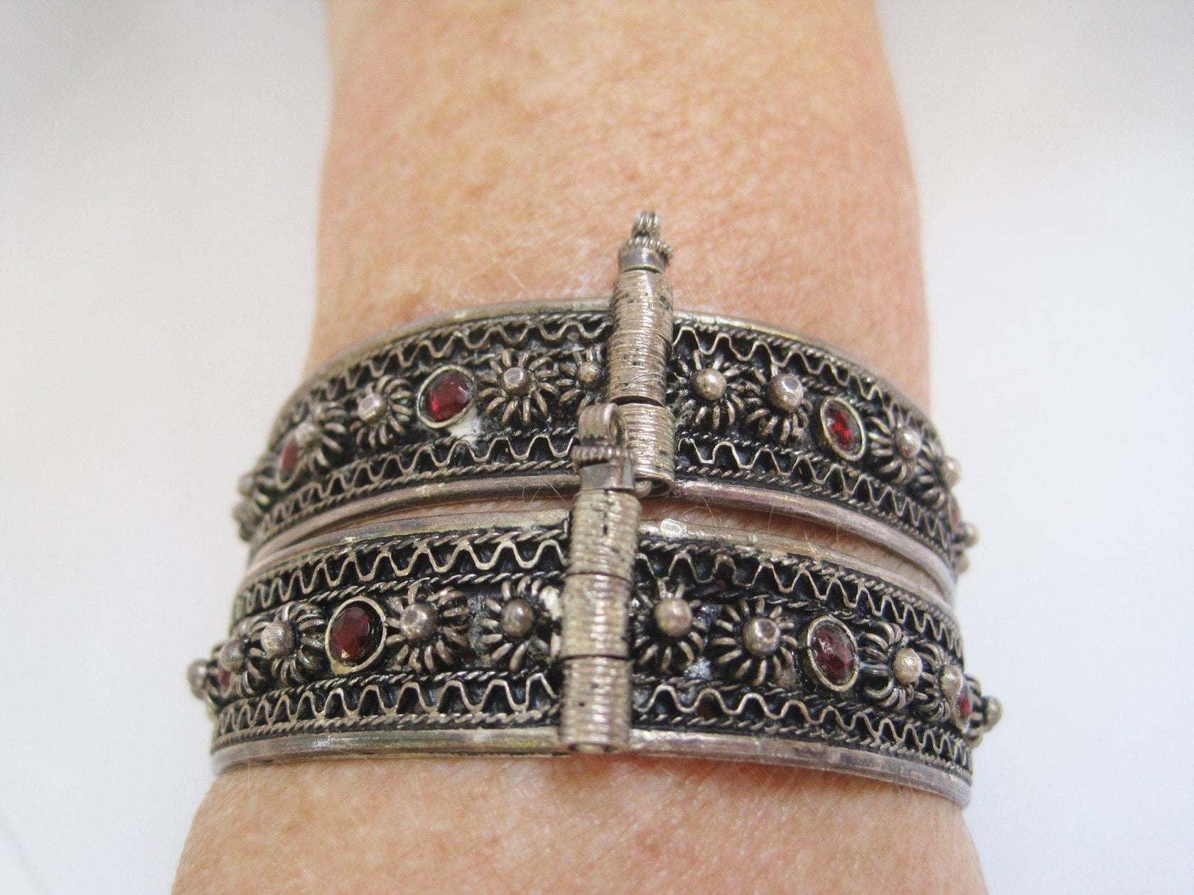 Matching Pair of Silver and Garnet Middle East Bracelets – Anteeka